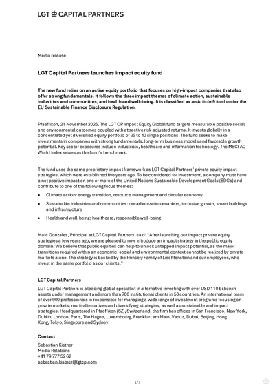 LGT Capital Partners launches impact equity fund | LGT Capital Partners