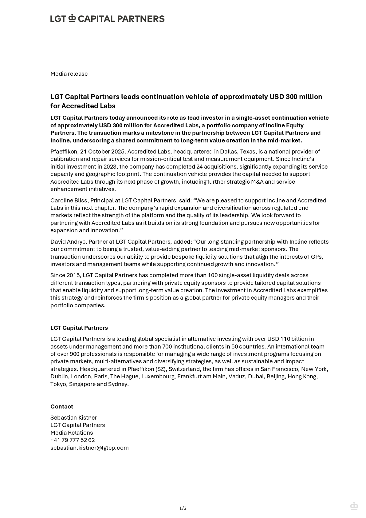 LGT Capital Partners leads continuation vehicle of approximately USD ...