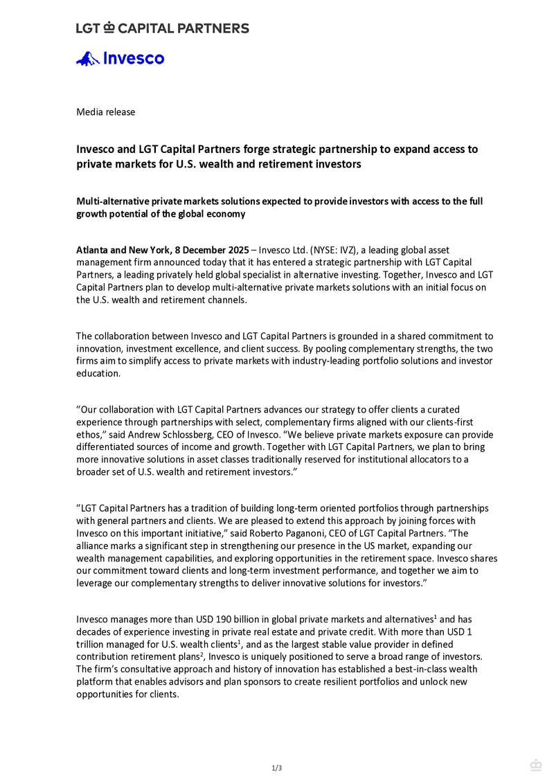 Invesco and LGT Capital Partners forge strategic partnership to expand access to private markets ...